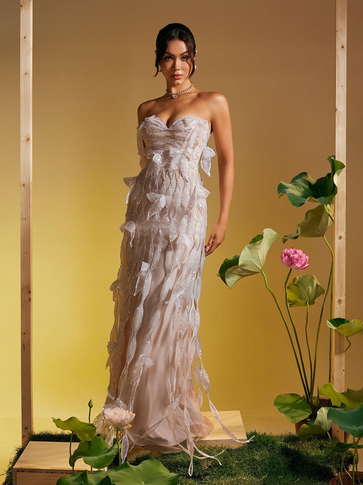 Omri Strapless Bow Sequin Fringe Maxi Dress Mew Mews