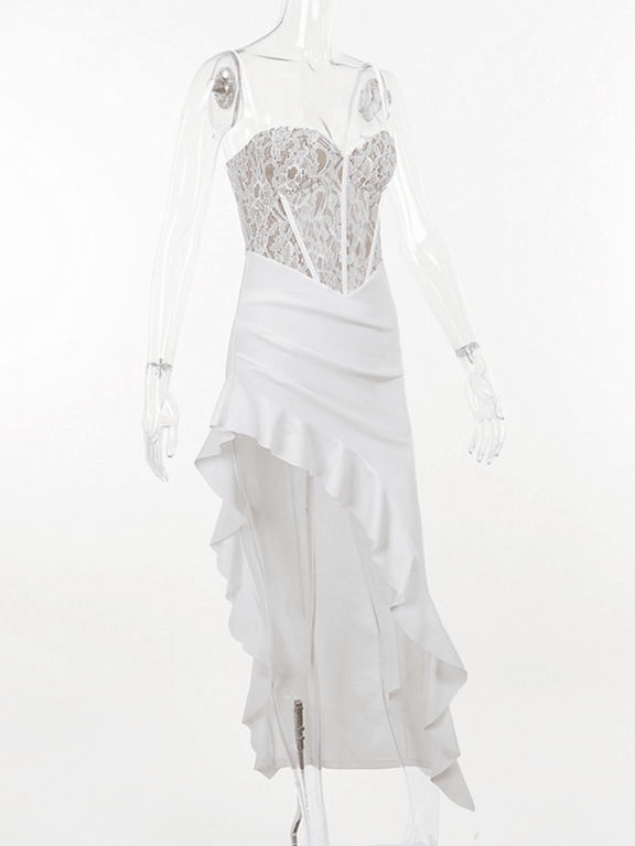 Aizen Lace Asymmetric Ruffle Midi Dress – Mew Mews