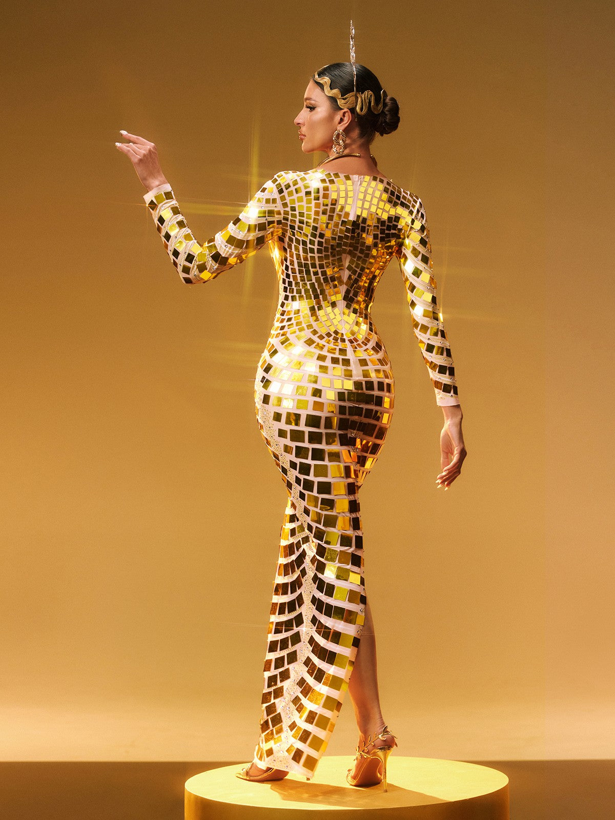 Angie Long Sleeve Curve Embellished Maxi Dress In Gold – Mew Mews