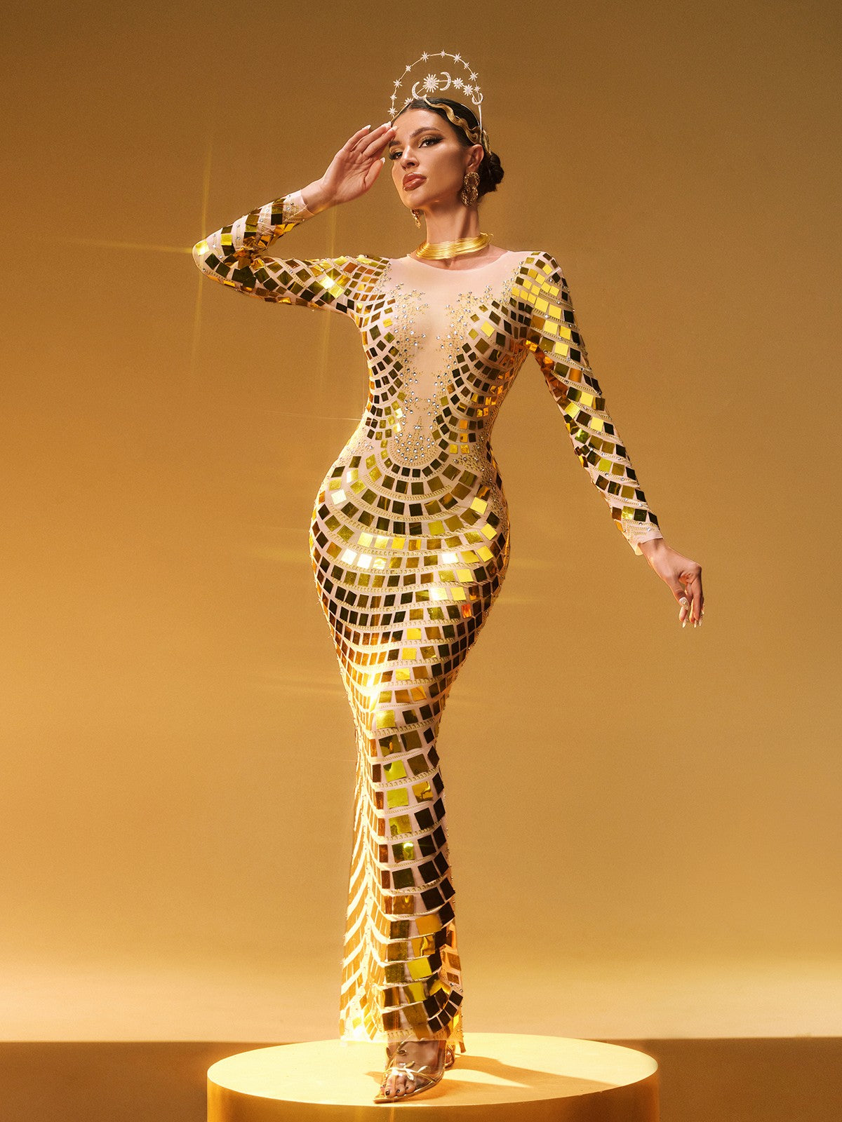 Angie Long Sleeve Curve Embellished Maxi Dress In Gold – Mew Mews