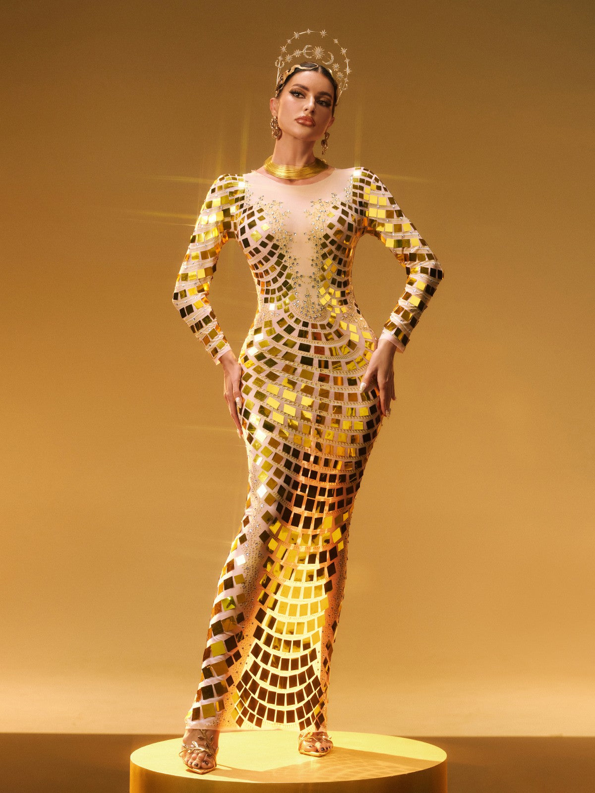 Angie Long Sleeve Curve Embellished Maxi Dress In Gold – Mew Mews