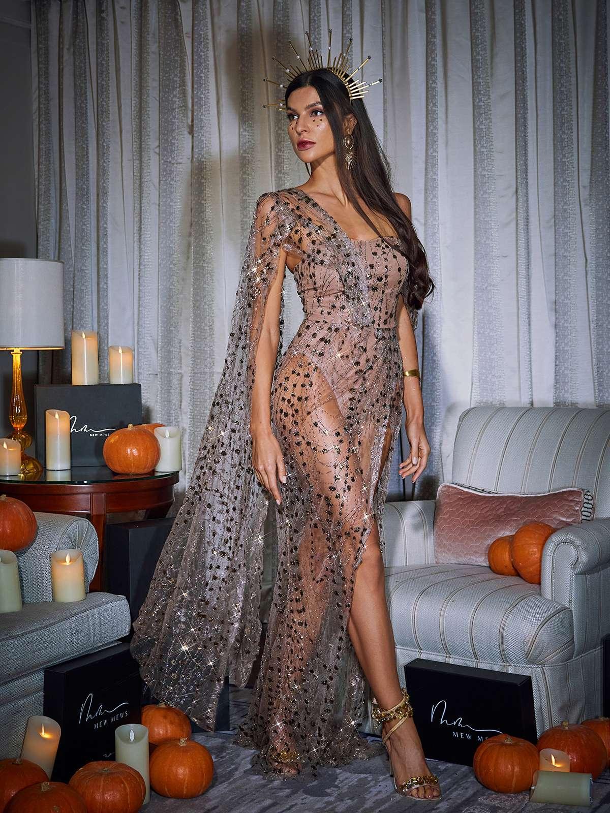 Bailee Split Sequin Maxi Dress In Bronze Mew Mews