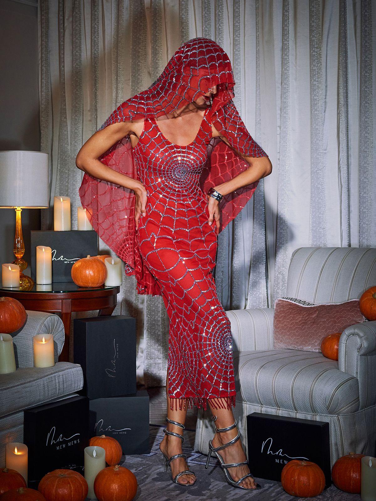 Calyx Scoop Neck Cobweb Sequin Midi Dress In Red – Mew Mews