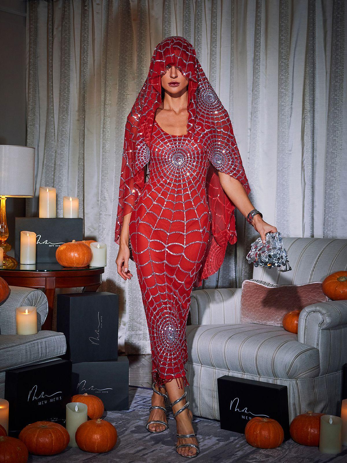 Calyx Scoop Neck Cobweb Sequin Midi Dress In Red – Mew Mews