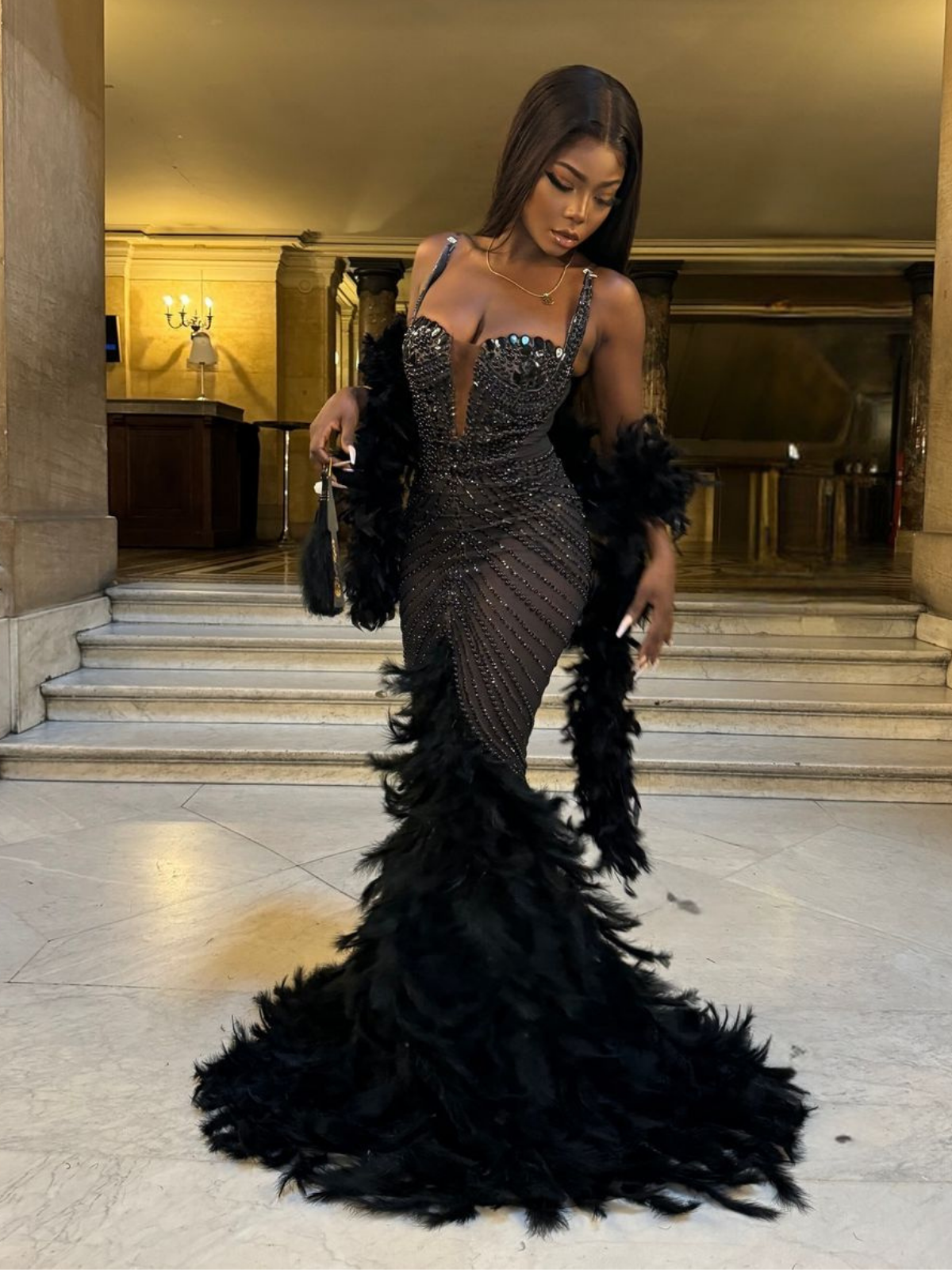 Daire Rhinestone Feather Mermaid Mesh Dress – Mew Mews