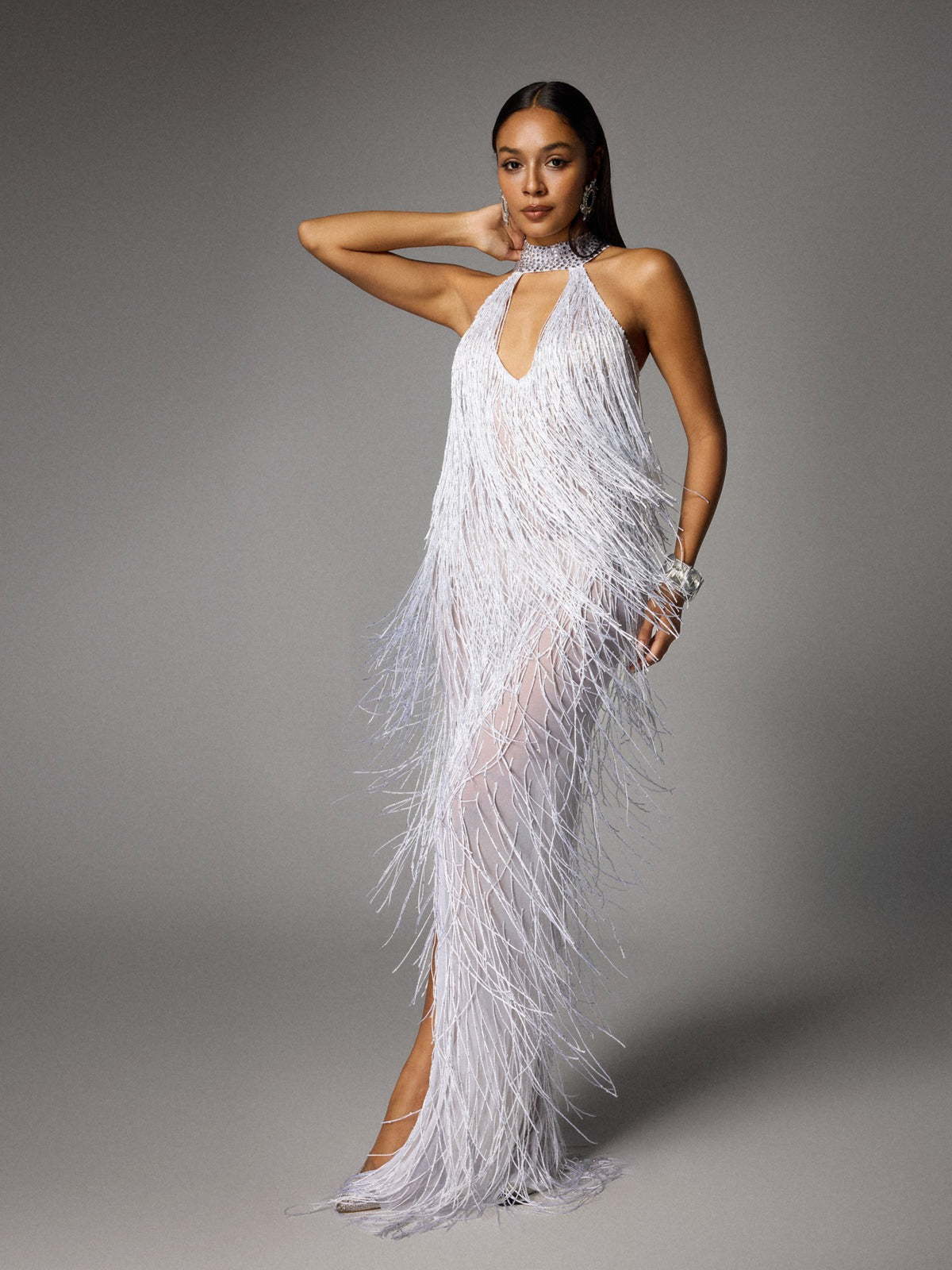 Elvrik Halterneck Fringe Cutout Split Maxi Dress In White – Mew Mews