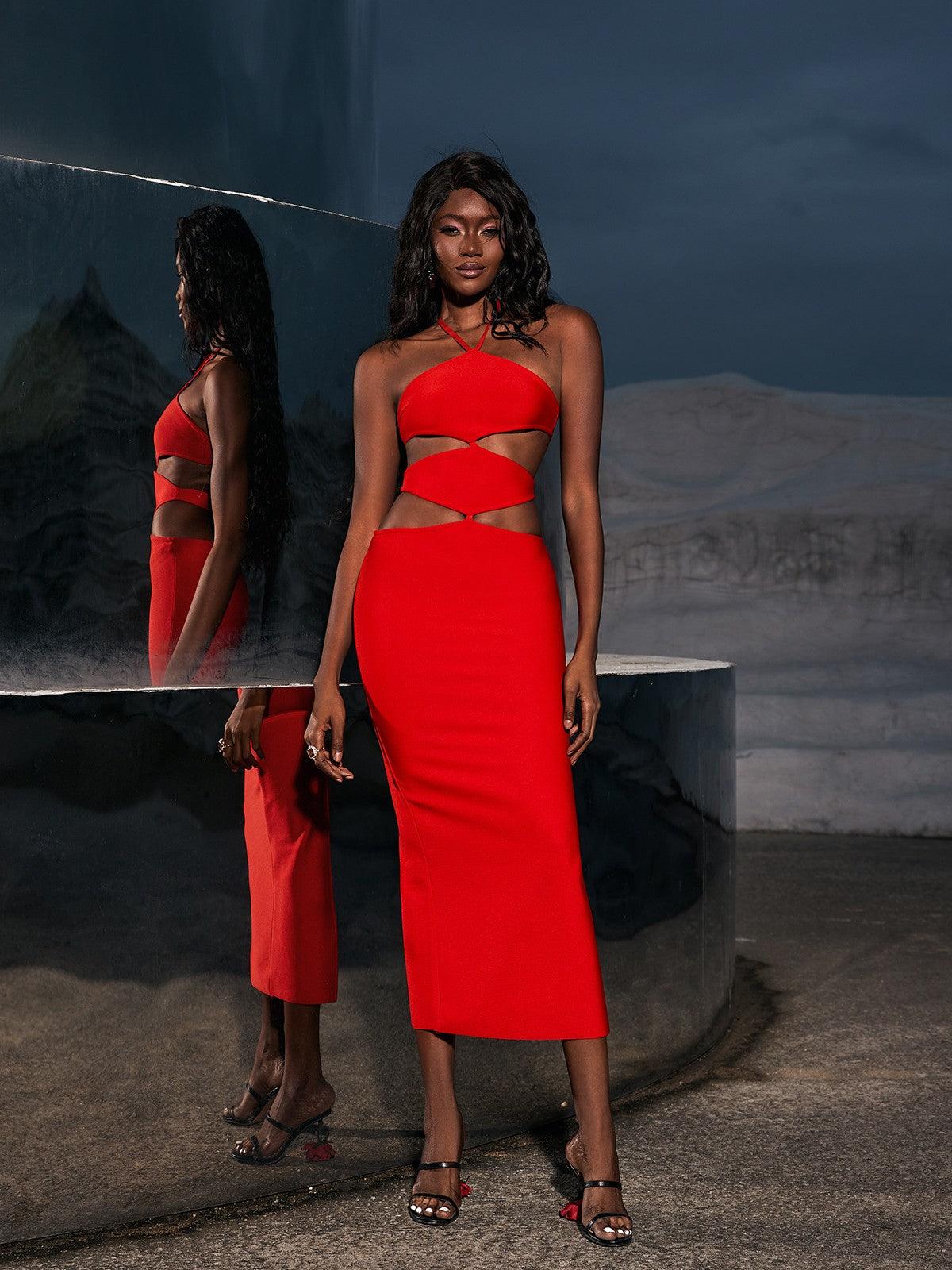 Hedwig Cutout High Split Bandage Dress In Red – Mew Mews