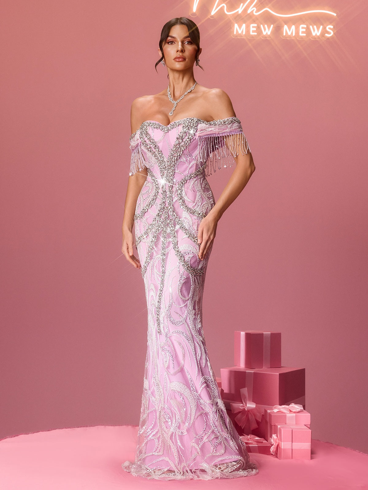 Mylonitor Off Shoulder Fringe Crystal Maxi Dress – Mew Mews