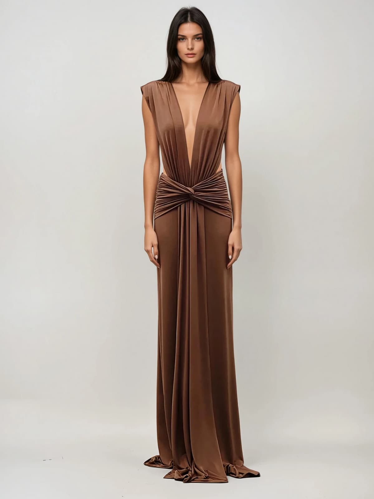 Quavon Plunge Neck Twisted Ruched Maxi Dress – Mew Mews