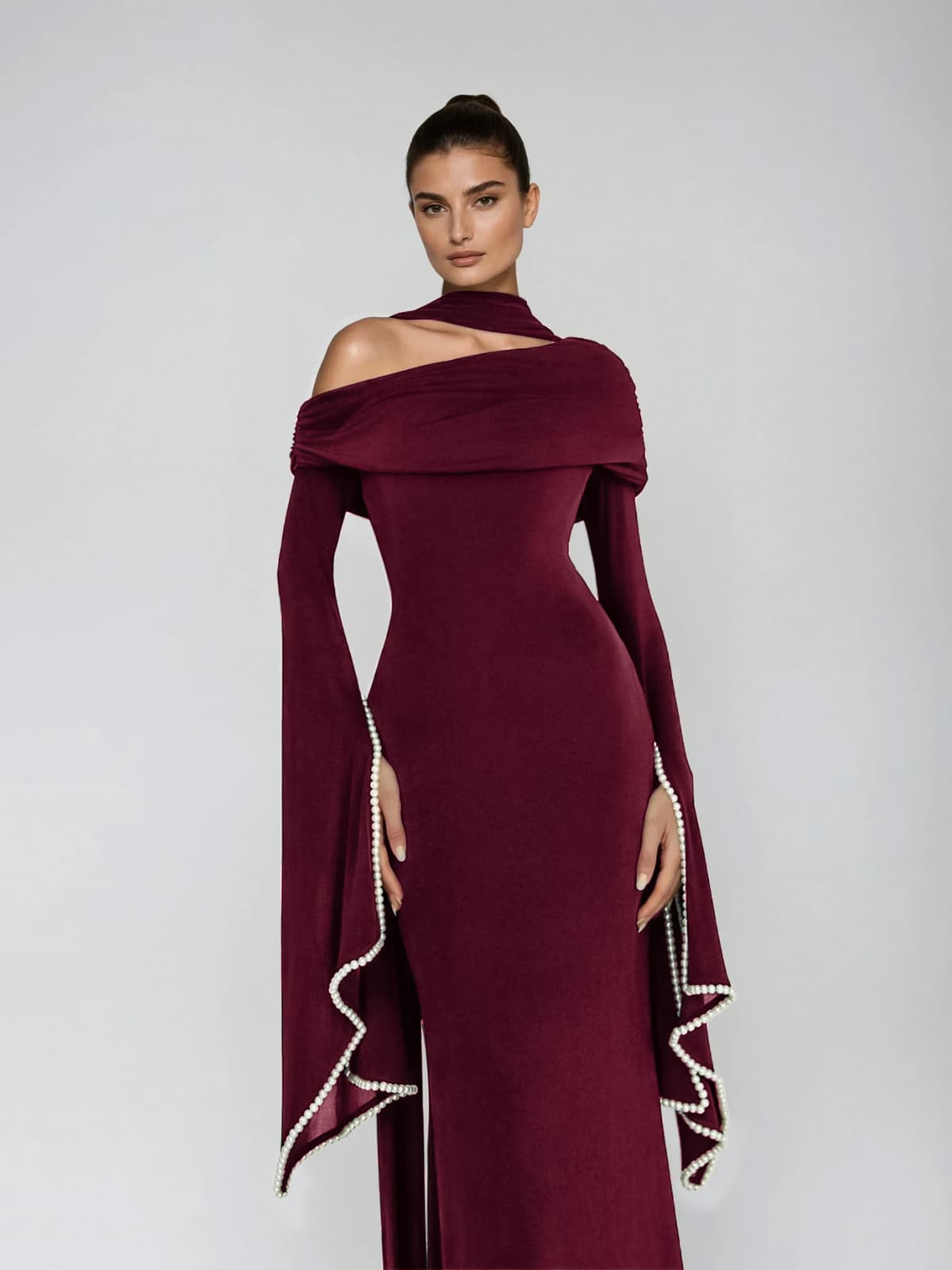 Xenara Scarf Cape Sleeve Maxi Dress In Wine – Mew Mews
